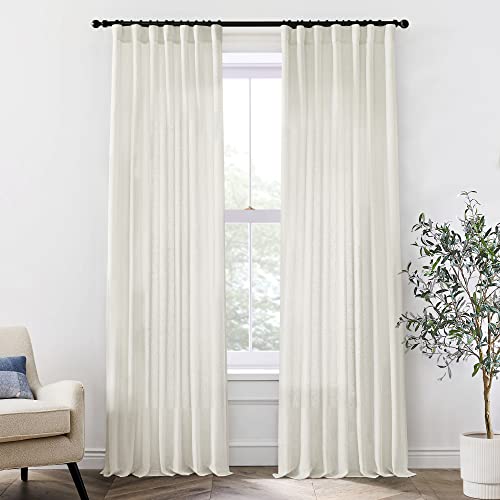 XTMYI 108 Inch Linen Curtains 2 Panels,with Heading Tape Hooks for Track System Back Tab,Stone Washed Cotton Flax Weave Sheer Extra Long Curtain for Living Room Bedroom,Cream(Ivory/Off White)