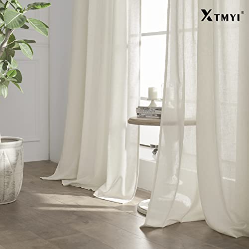 XTMYI 108 Inch Linen Curtains 2 Panels,with Heading Tape Hooks for Track System Back Tab,Stone Washed Cotton Flax Weave Sheer Extra Long Curtain for Living Room Bedroom,Cream(Ivory/Off White)