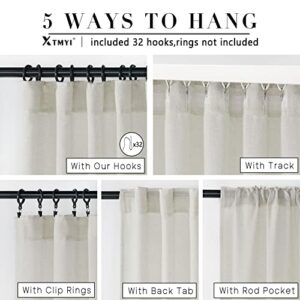 XTMYI 108 Inch Linen Curtains 2 Panels,with Heading Tape Hooks for Track System Back Tab,Stone Washed Cotton Flax Weave Sheer Extra Long Curtain for Living Room Bedroom,Cream(Ivory/Off White)