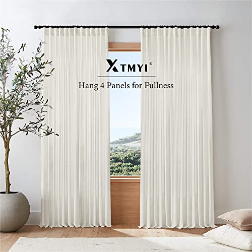 XTMYI 108 Inch Linen Curtains 2 Panels,with Heading Tape Hooks for Track System Back Tab,Stone Washed Cotton Flax Weave Sheer Extra Long Curtain for Living Room Bedroom,Cream(Ivory/Off White)