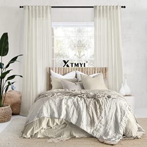 XTMYI 108 Inch Linen Curtains 2 Panels,with Heading Tape Hooks for Track System Back Tab,Stone Washed Cotton Flax Weave Sheer Extra Long Curtain for Living Room Bedroom,Cream(Ivory/Off White)