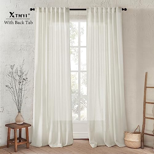 XTMYI 108 Inch Linen Curtains 2 Panels,with Heading Tape Hooks for Track System Back Tab,Stone Washed Cotton Flax Weave Sheer Extra Long Curtain for Living Room Bedroom,Cream(Ivory/Off White)