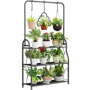 sorcedas plant stand 3 tier indoor outdoor tall corner hanging plant shelf metal flower stands ladder plant holder for room balcony garden patio multiple plants, dark grey