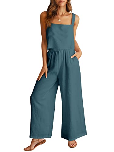 ANRABESS Women's Two Piece Outfits Summer Vacation Cruise Resort Wear 2023 Clothes Casual Linen Tank Crop Top Wide Leg Pants Matching Lounge Set Jumpsuit 732qinglan-L