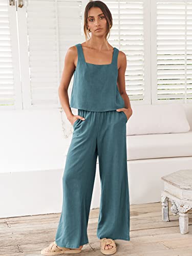 ANRABESS Women's Two Piece Outfits Summer Vacation Cruise Resort Wear 2023 Clothes Casual Linen Tank Crop Top Wide Leg Pants Matching Lounge Set Jumpsuit 732qinglan-L