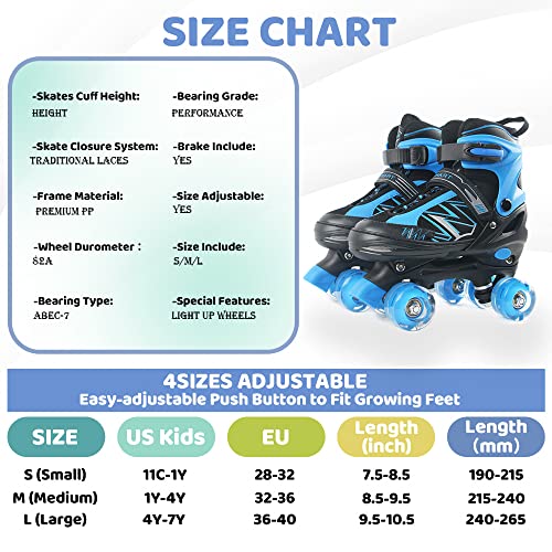 LIRENGUI Boys Skates, Kids Roller Skates for Boys with All Wheels Lighting Up, Girls Roller Skates for Fun Illuminating, Black n Blue Adjustable Roller Skates (Size 1-4)