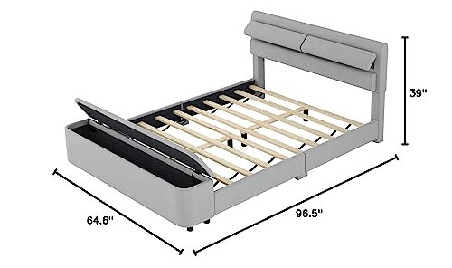 Lepfun Queen Size Upholstered Bed with Storage Headboard and Footboard, Velvet Queen Platform Bed Frame, Wood Support Legs, No Box Spring Needed (Grey)