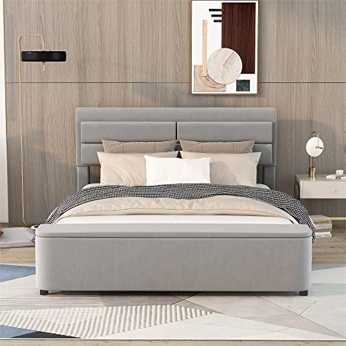 Lepfun Queen Size Upholstered Bed with Storage Headboard and Footboard, Velvet Queen Platform Bed Frame, Wood Support Legs, No Box Spring Needed (Grey)