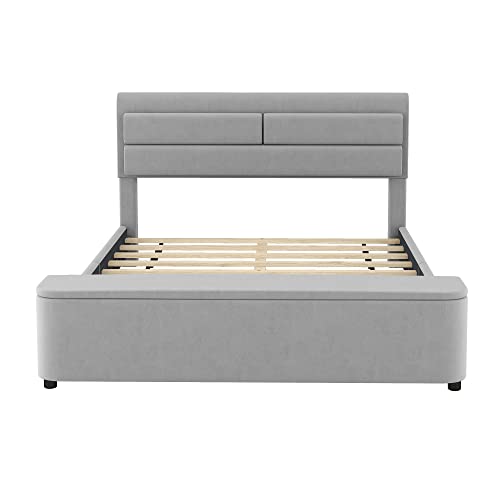 Lepfun Queen Size Upholstered Bed with Storage Headboard and Footboard, Velvet Queen Platform Bed Frame, Wood Support Legs, No Box Spring Needed (Grey)