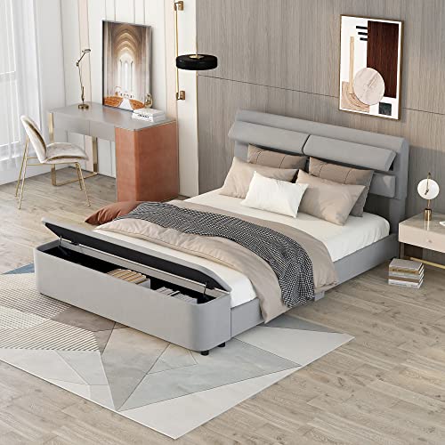 Lepfun Queen Size Upholstered Bed with Storage Headboard and Footboard, Velvet Queen Platform Bed Frame, Wood Support Legs, No Box Spring Needed (Grey)