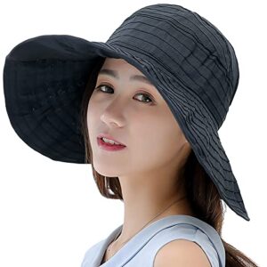 Floppy Sun Hat with Ponytail Hole for Women, Packable Shapable Sun Beach Visor Hats for Women Travel Black