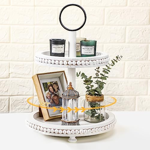 Wesiti 2 Tiered Spinning Lazy Susan Rustic Rotating Tray White Spice Rack Pallet with Wood Beaded Kitchen Table Decor Turntable for Cabinet Pantry Farmhouse Centerpiece Counter Decoration