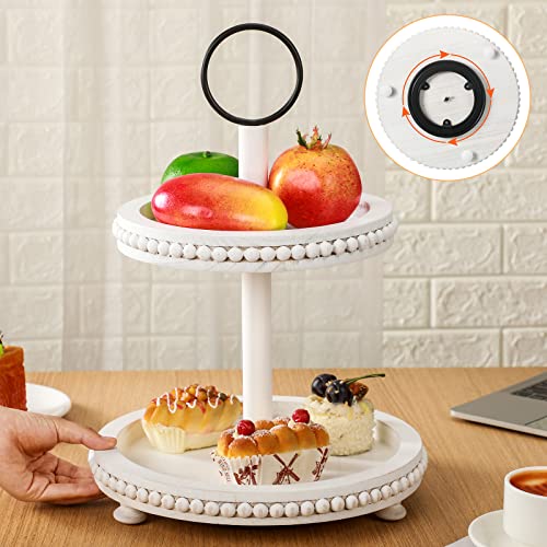 Wesiti 2 Tiered Spinning Lazy Susan Rustic Rotating Tray White Spice Rack Pallet with Wood Beaded Kitchen Table Decor Turntable for Cabinet Pantry Farmhouse Centerpiece Counter Decoration