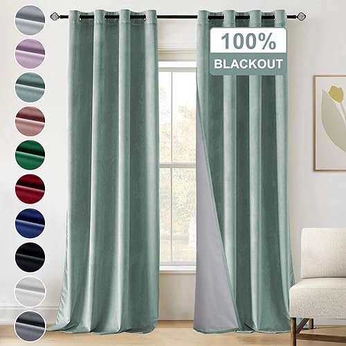 IOFRYION 100% Blackout Curtains for Bedroom Thermal Room Darkening Curtains Velvet Curtain Panels with Grey Liner Privacy Grommet Window Drapes for Living Room 2 Panels Set, 52×96 Inch, Sage Green