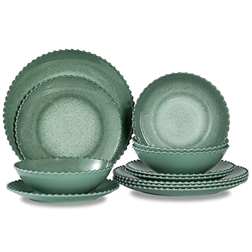 MissYIP Melamine Dinnerware Set - 12 Piece Fine Kitchenware, Service for 4, Plates Bowls Multicolor Dishwasher Safe, Food Grade Dinnerware Sets