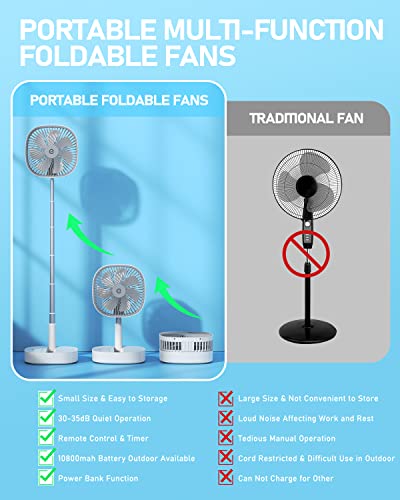 Portable Foldable Fan for Travel, Esemoil 8" Oscillating Rechargeable Fan with Remote, 10800mAh Rechargeable Folding Standing Table Fan with 4 Speeds, Floor Pedestal Fan for Bedroom Office Travel Camp