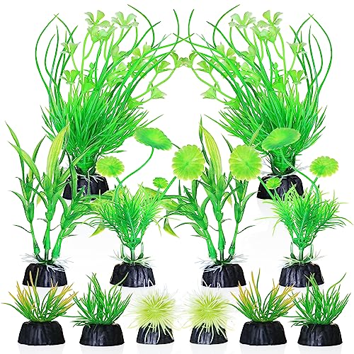 Fishdance Aquarium Plants, Artificial Fish Tank Decorations Decor Plastic Plants Set 12 Pcs