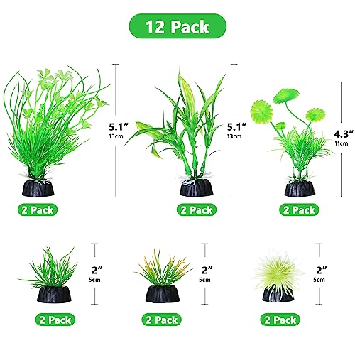 Fishdance Aquarium Plants, Artificial Fish Tank Decorations Decor Plastic Plants Set 12 Pcs