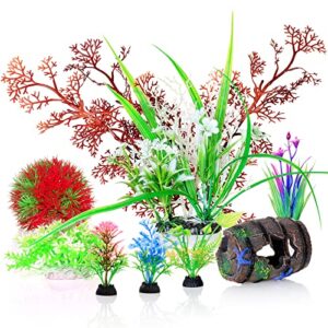 fishdance aquarium plants, artificial fish tank plastic & resin plants and broken barrel decorations decor white red fake coral plants set 8 pcs