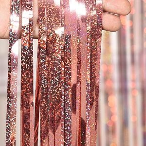 4 Pack Rose Gold Fringe Curtain -12.8x8.2 Feet, Slmeno Rose Gold Fringe Backdrop Thick Glitter Tinsel Foil Curtain, Rose Gold Backdrop Curtain Birthday Party, Rose Gold Party Decorations Bachelorette