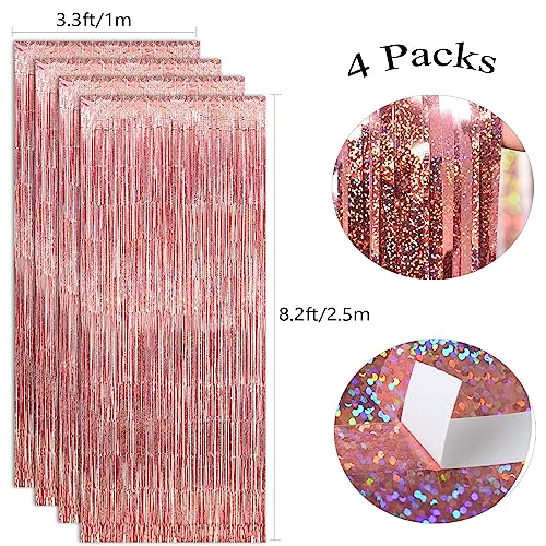 4 Pack Rose Gold Fringe Curtain -12.8x8.2 Feet, Slmeno Rose Gold Fringe Backdrop Thick Glitter Tinsel Foil Curtain, Rose Gold Backdrop Curtain Birthday Party, Rose Gold Party Decorations Bachelorette