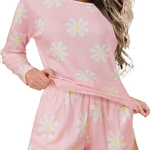 Ekouaer Women 2 Piece Waffle Set Long Sleeve Floral Knit Pullover Top and Knitted Shorts Suit Spring Outfits Pink Daisy Flower