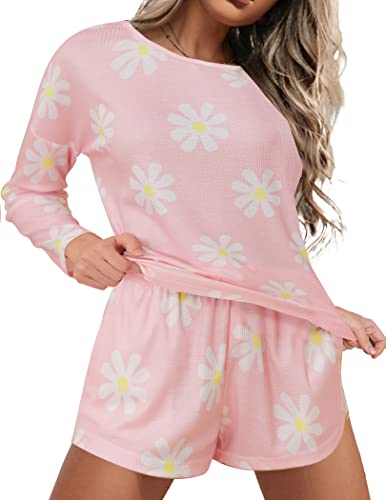 Ekouaer Women 2 Piece Waffle Set Long Sleeve Floral Knit Pullover Top and Knitted Shorts Suit Spring Outfits Pink Daisy Flower