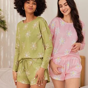 Ekouaer Women 2 Piece Waffle Set Long Sleeve Floral Knit Pullover Top and Knitted Shorts Suit Spring Outfits Pink Daisy Flower