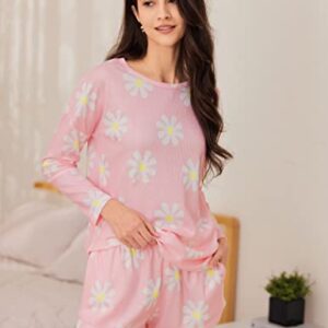 Ekouaer Women 2 Piece Waffle Set Long Sleeve Floral Knit Pullover Top and Knitted Shorts Suit Spring Outfits Pink Daisy Flower