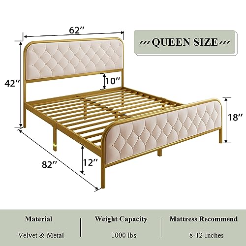 Feonase Queen Size Bed Frame, Upholstered Bed Frame with Diamond Tufted Headboard, Heavy Duty Metal Slats, 12" Storage Space, No Box Spring Needed, Easy Assembly, Gold