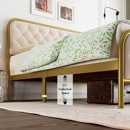 Feonase Queen Size Bed Frame, Upholstered Bed Frame with Diamond Tufted Headboard, Heavy Duty Metal Slats, 12" Storage Space, No Box Spring Needed, Easy Assembly, Gold