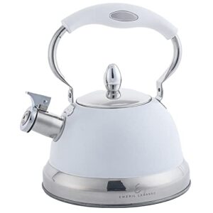 emeril lagasse 2.6 quart/2.5 liter whistling tea kettle, stainless steel tea pot for induction stove top, fast to boil water for home kitchen condo, with ergonomic cool folding grip handle, white