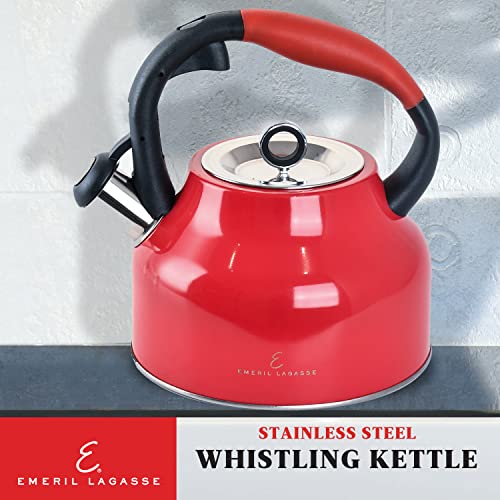 Emeril Lagasse 2.6 Quart/2.5 Liter Whistling Tea Kettle, Stainless Steel Tea Pot for Induction Stove Top, Fast to Boil Water for Home Kitchen Condo, with Ergonomic Cool Grip Handle, Red