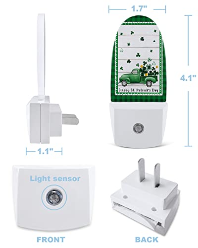 St. Patrick's Day Night Light, LED Plug in Night Light, Green Checkered Board Truck Clover on Wood Night Lights with Dusk to Dawn Sensor Decorative Kids/Adults Nightlight for Bedroom Bathroom