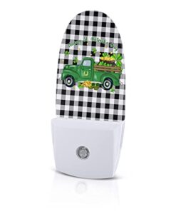 st. patrick's day night light, led plug in night light, black and white checkered green truck clover gold night lights with dusk to dawn sensor decorative kids/adults nightlight for bedroom bathroom