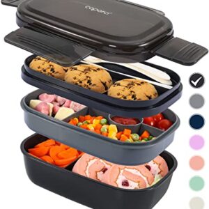 Caperci Stackable Bento Box Adult Lunch Box - 3 Layers All-in-One Lunch Containers with Multiple Compartments for Adults & Kids, 55 oz Large Capacity, Built-in Utensil Set & BPA Free (Black)