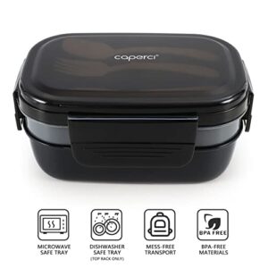 Caperci Stackable Bento Box Adult Lunch Box - 3 Layers All-in-One Lunch Containers with Multiple Compartments for Adults & Kids, 55 oz Large Capacity, Built-in Utensil Set & BPA Free (Black)