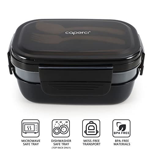 Caperci Stackable Bento Box Adult Lunch Box - 3 Layers All-in-One Lunch Containers with Multiple Compartments for Adults & Kids, 55 oz Large Capacity, Built-in Utensil Set & BPA Free (Black)