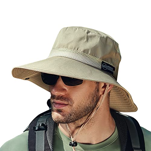 Koreshion Men Sun Hat UV UPF Wide Brim Summer Hat Waterproof Breathable Fishing Hat Adjustable Foldable Boonie Cap Outdoor Beach Hiking Safari Golf Beige