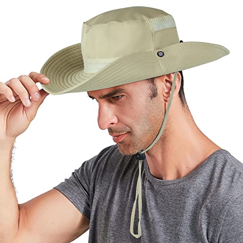 Koreshion Men Sun Hat UV UPF Wide Brim Summer Hat Waterproof Breathable Fishing Hat Adjustable Foldable Boonie Cap Outdoor Beach Hiking Safari Golf Beige