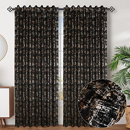 Lecloud Snow 100% Blackout Velvet Curtains 84 Inches Length 2 Panels，Gold Foil Printed Thermal Insulated Energy Saving Drapes for Living Room, Noise Reducing Black Curtain for Bedroom, 52" Wx84 L