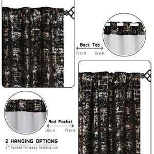 Lecloud Snow 100% Blackout Velvet Curtains 84 Inches Length 2 Panels，Gold Foil Printed Thermal Insulated Energy Saving Drapes for Living Room, Noise Reducing Black Curtain for Bedroom, 52" Wx84 L