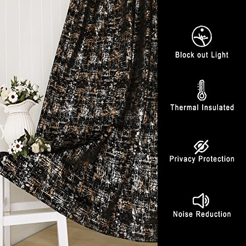 Lecloud Snow 100% Blackout Velvet Curtains 84 Inches Length 2 Panels，Gold Foil Printed Thermal Insulated Energy Saving Drapes for Living Room, Noise Reducing Black Curtain for Bedroom, 52" Wx84 L