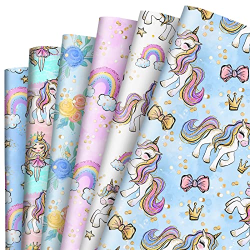 AnyDesign 12 Sheet Unicorn Wrapping Paper 6 Designs Pink Blue Unicorn Rainbow Flowers Gift Wrap Paper Bulk Folded Flat Art Paper for Birthday Baby Shower DIY Gift Packing, 19.7 x 27.6 Inch