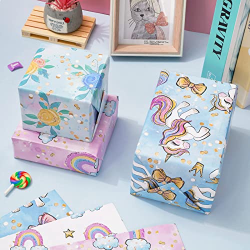 AnyDesign 12 Sheet Unicorn Wrapping Paper 6 Designs Pink Blue Unicorn Rainbow Flowers Gift Wrap Paper Bulk Folded Flat Art Paper for Birthday Baby Shower DIY Gift Packing, 19.7 x 27.6 Inch