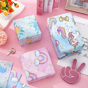 AnyDesign 12 Sheet Unicorn Wrapping Paper 6 Designs Pink Blue Unicorn Rainbow Flowers Gift Wrap Paper Bulk Folded Flat Art Paper for Birthday Baby Shower DIY Gift Packing, 19.7 x 27.6 Inch