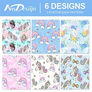 AnyDesign 12 Sheet Unicorn Wrapping Paper 6 Designs Pink Blue Unicorn Rainbow Flowers Gift Wrap Paper Bulk Folded Flat Art Paper for Birthday Baby Shower DIY Gift Packing, 19.7 x 27.6 Inch