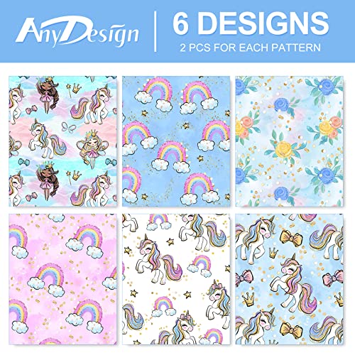 AnyDesign 12 Sheet Unicorn Wrapping Paper 6 Designs Pink Blue Unicorn Rainbow Flowers Gift Wrap Paper Bulk Folded Flat Art Paper for Birthday Baby Shower DIY Gift Packing, 19.7 x 27.6 Inch