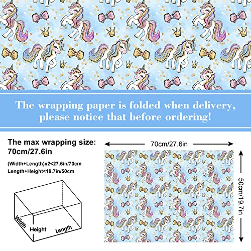 AnyDesign 12 Sheet Unicorn Wrapping Paper 6 Designs Pink Blue Unicorn Rainbow Flowers Gift Wrap Paper Bulk Folded Flat Art Paper for Birthday Baby Shower DIY Gift Packing, 19.7 x 27.6 Inch