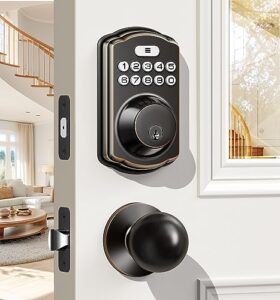 veise keyless entry door lock with 2 door knobs - keypad door lock with handle, front door lock set, electronic keypad deadbolt smart lock, auto lock, easy installation, oil-rubbed bronze